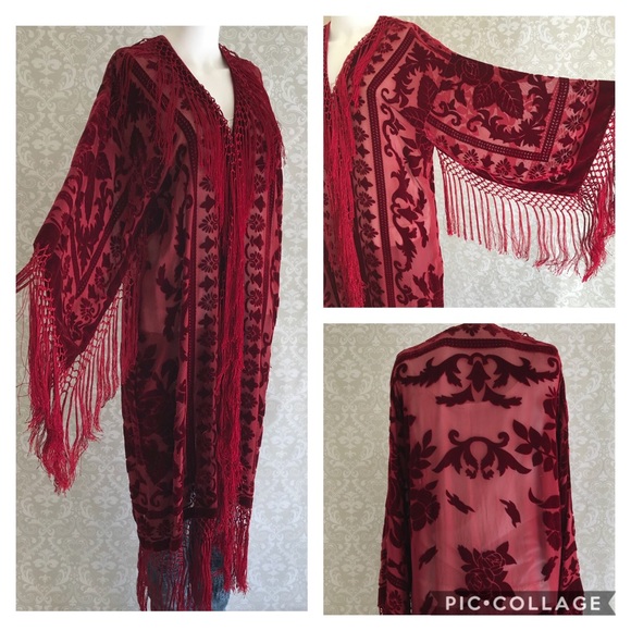 Mina | Jackets & Coats | Burgundy Velvet Fringe Boho Gypsy Kimono ...